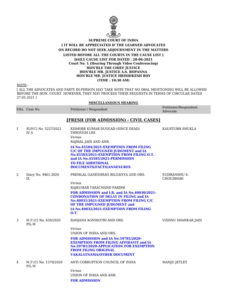 Supreme Court Daily Cause List 28-06-2021 | PDF | Supreme Court Of ...