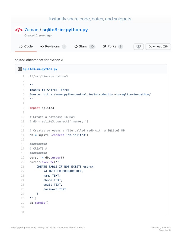 Sqlite3 Cheatsheet For Python 3 GitHub | PDF | Databases | Information Technology Management