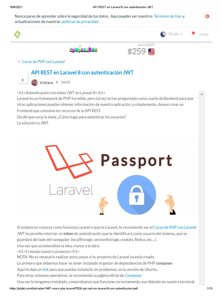 Api Rest En Laravel 8 Con Autenticación Jwt Pdf Autenticación Sql