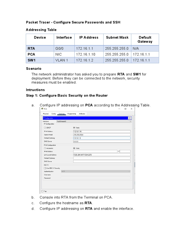 Packet Tracer Configure Secure Passwords And Ssh Addressing Table Device Interface Ip Address 