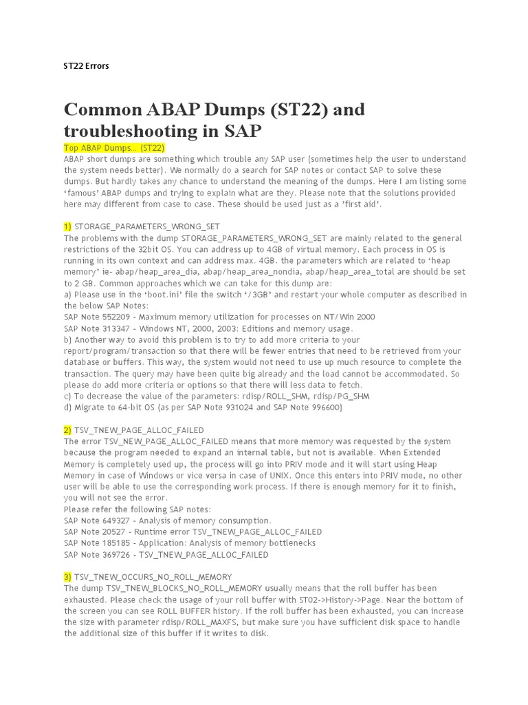 Common ABAP Dumps (ST22) and Troubleshooting in SAP | PDF | Databases | Computer Science