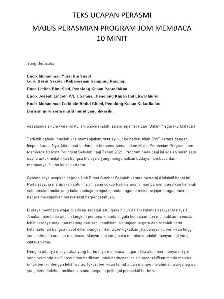Teks Ucapan Perasmi Program Jom Membaca | PDF | Ilmu Sosial
