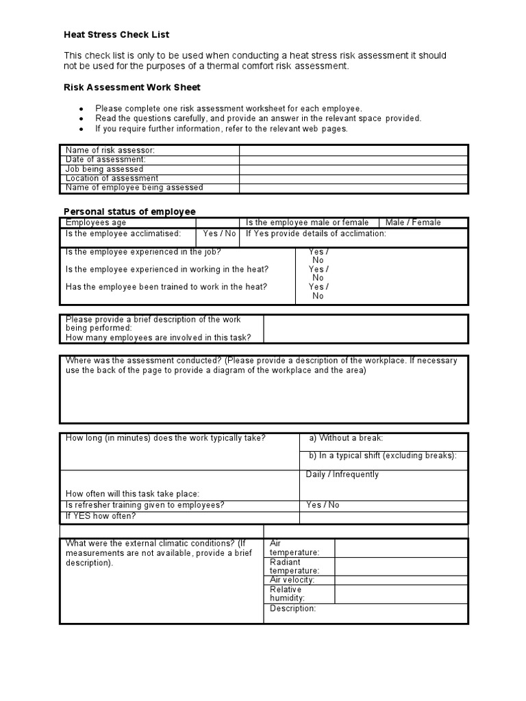 Heat Stress Checklist | Download Free PDF | Personal Protective ...