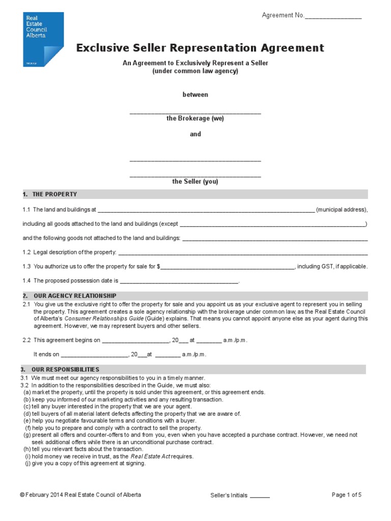 Exclusive Seller Representation Agreement Feb 4 | PDF | Sales | Real ...