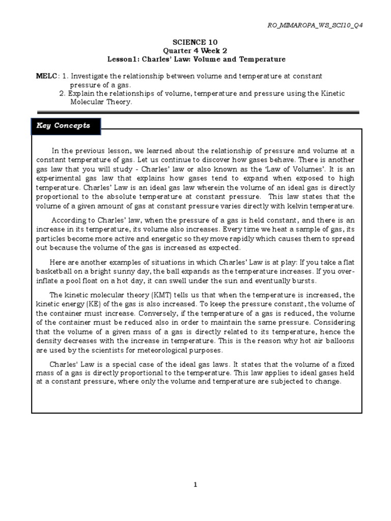 Science10 - Q4 - Week 2 Charles Law Volume and Temperature | PDF | Gases | Temperature