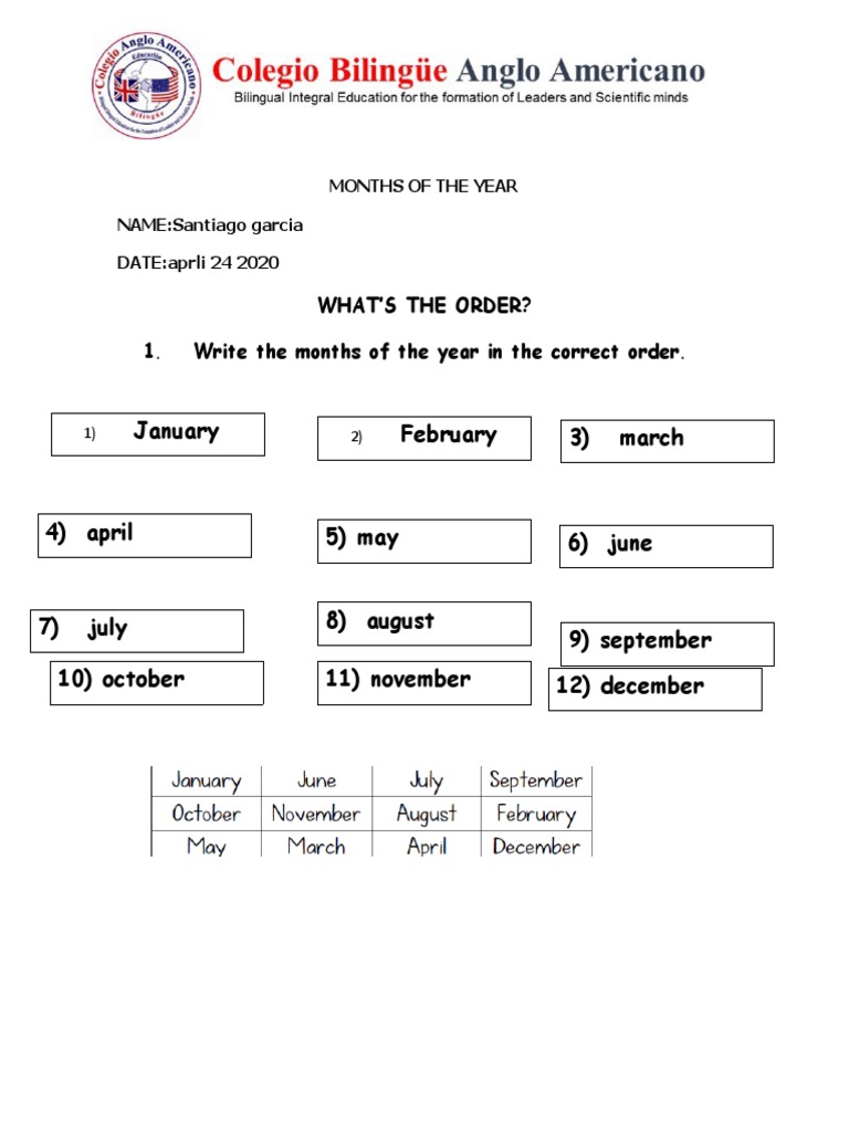 January February 3) March: What'S The Order? 1. Write The Months of The ...