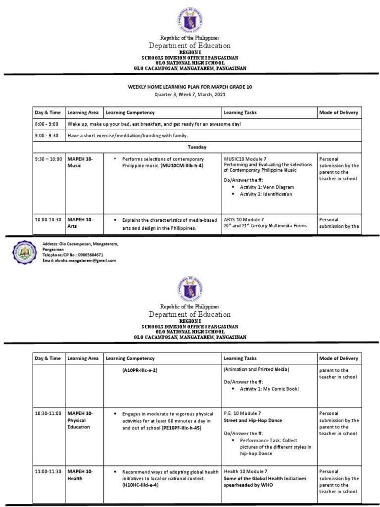 Department of Education: Weekly Home Learning Plan For Mapeh Grade 10 ...