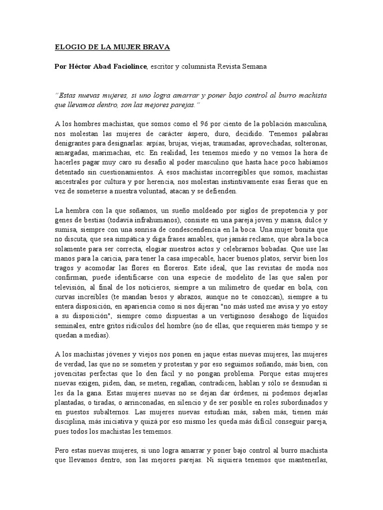Elogio de La Mujer Brava | PDF | Machismo