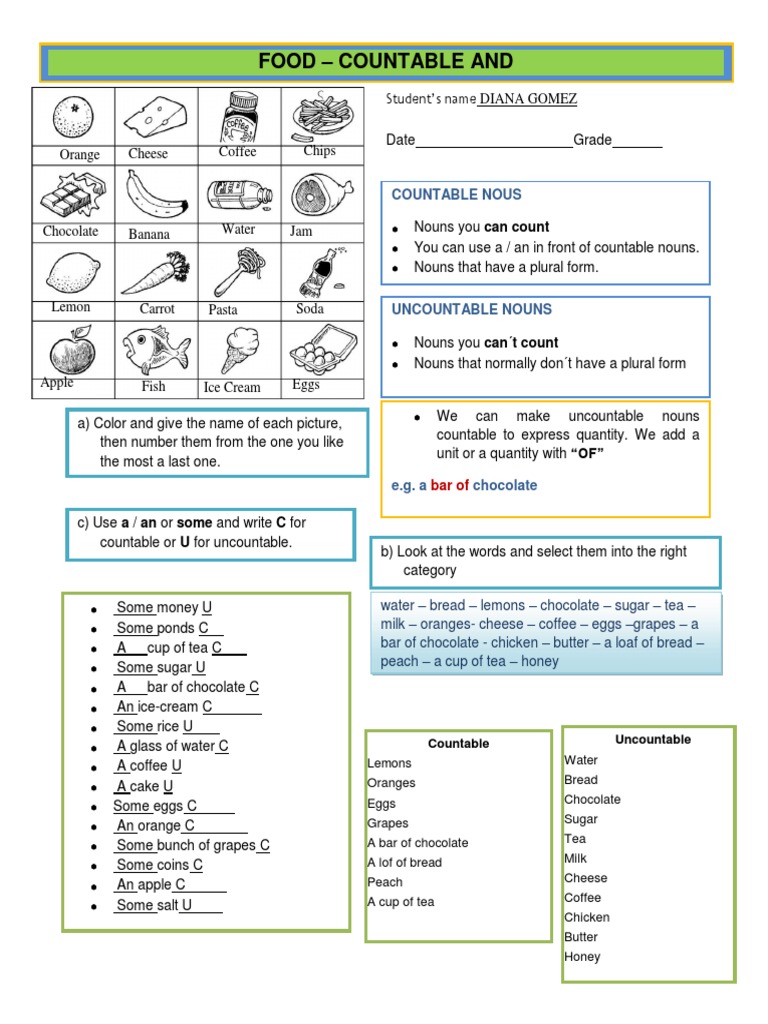 Countable Vs Uncountable Exercises Diana Gomez | PDF | Vitamin | Lunch