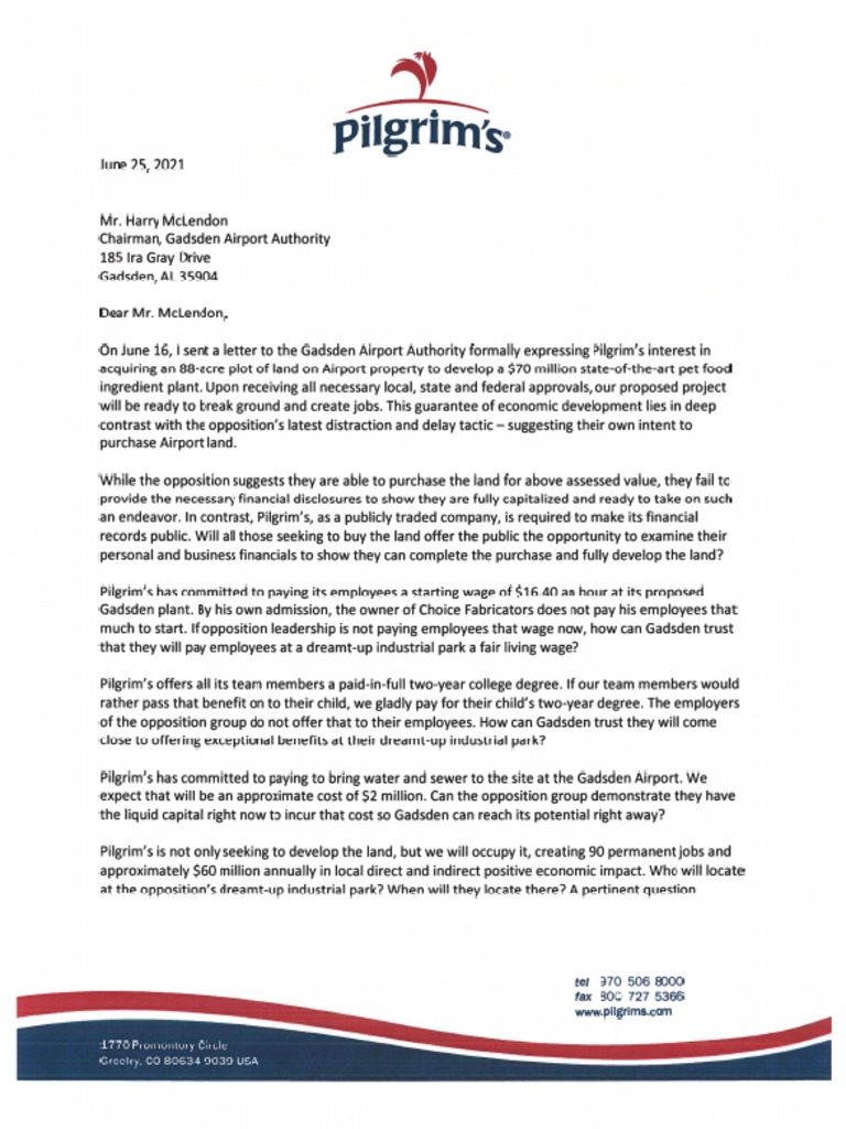 Letter From Pilgrim's Pride To Gadsden Airport Authority (June 25, 2021 ...