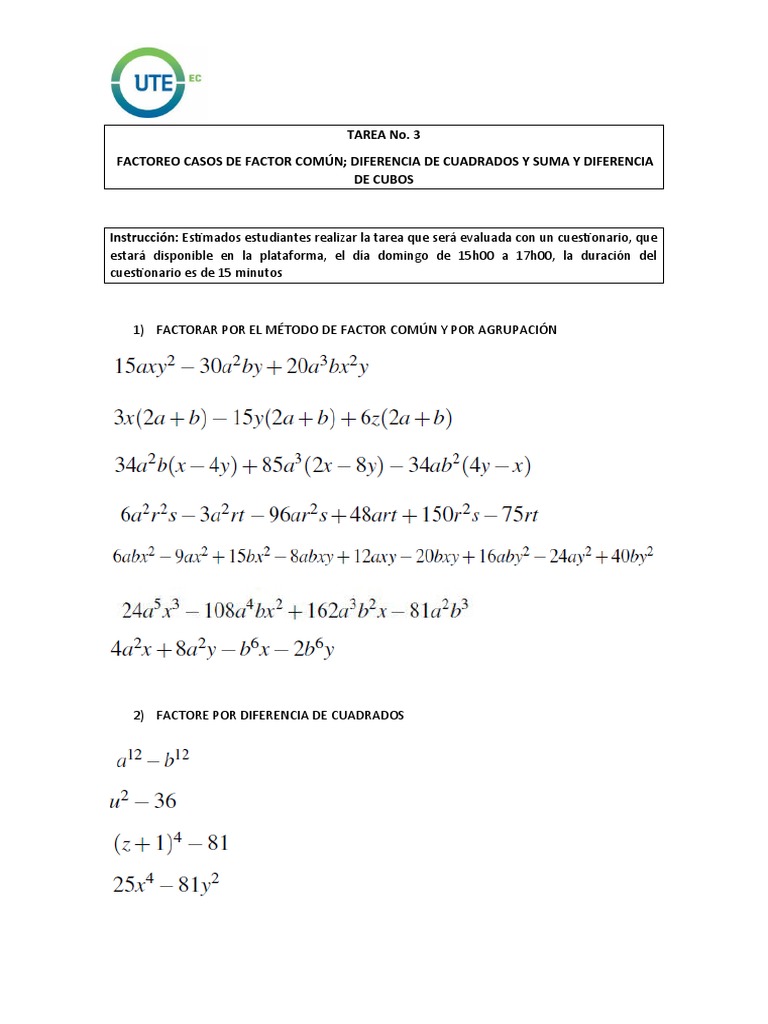 TAREA No 3 FACTOREO FACTOR COMUN DIFERENCIA DE CUADRADOS SUMA Y DIFERENCIA CUBOS | PDF