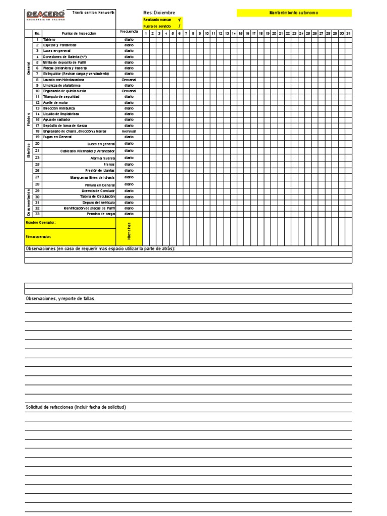 Check List Tracto Camion Kenworth | PDF | Camión | Coche