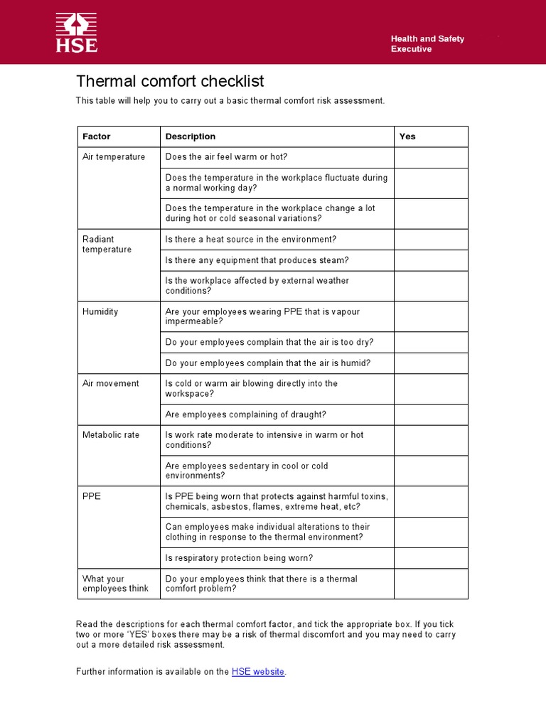 Thermal Comfort Checklist | PDF