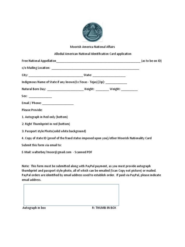 Moorish National ID Card Application | PDF | Politics | Law