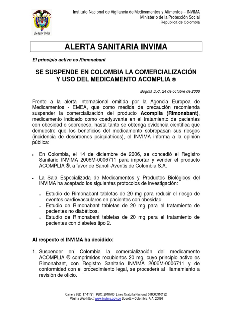 Suspensión de Acomplia en Colombia | PDF | Obesidad | Medicamentos con ...