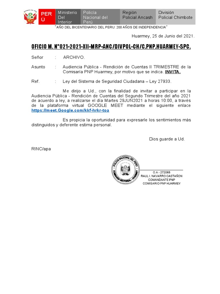 Oficio Invitacion A Rendicion de Cuentas | PDF | Perú | Abusos de ...