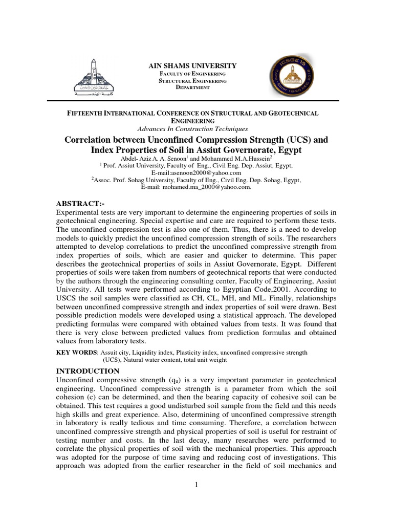 Correlation Between Unconfined Compression Strength (UCS) and Index Properties of Soil in Assiut ...