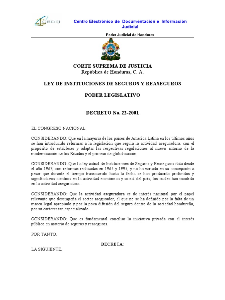Ley de Instituciones de Seguros y Reaseguros Decreto 22 - 2001 | PDF | Póliza de seguros | Reaseguro