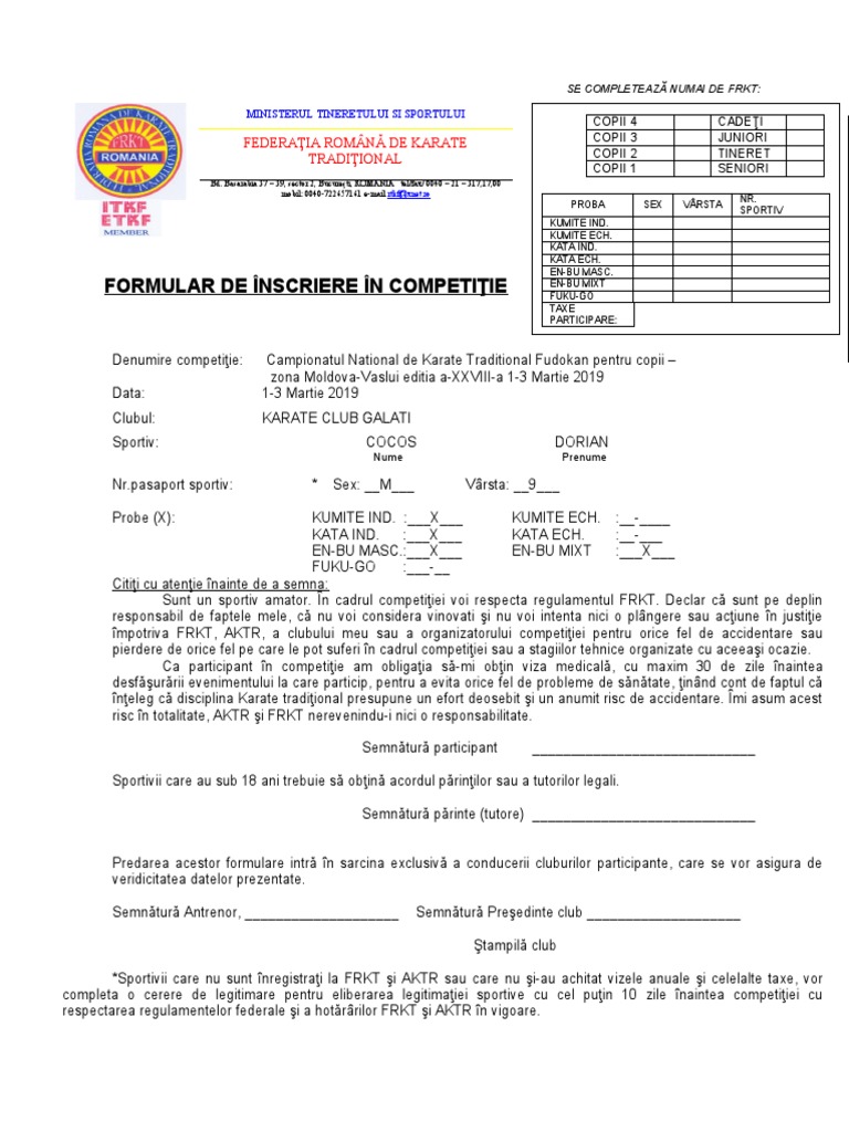 Formular Proprie Raspundere Inscriere in Competitie - Cocos Dorian | PDF