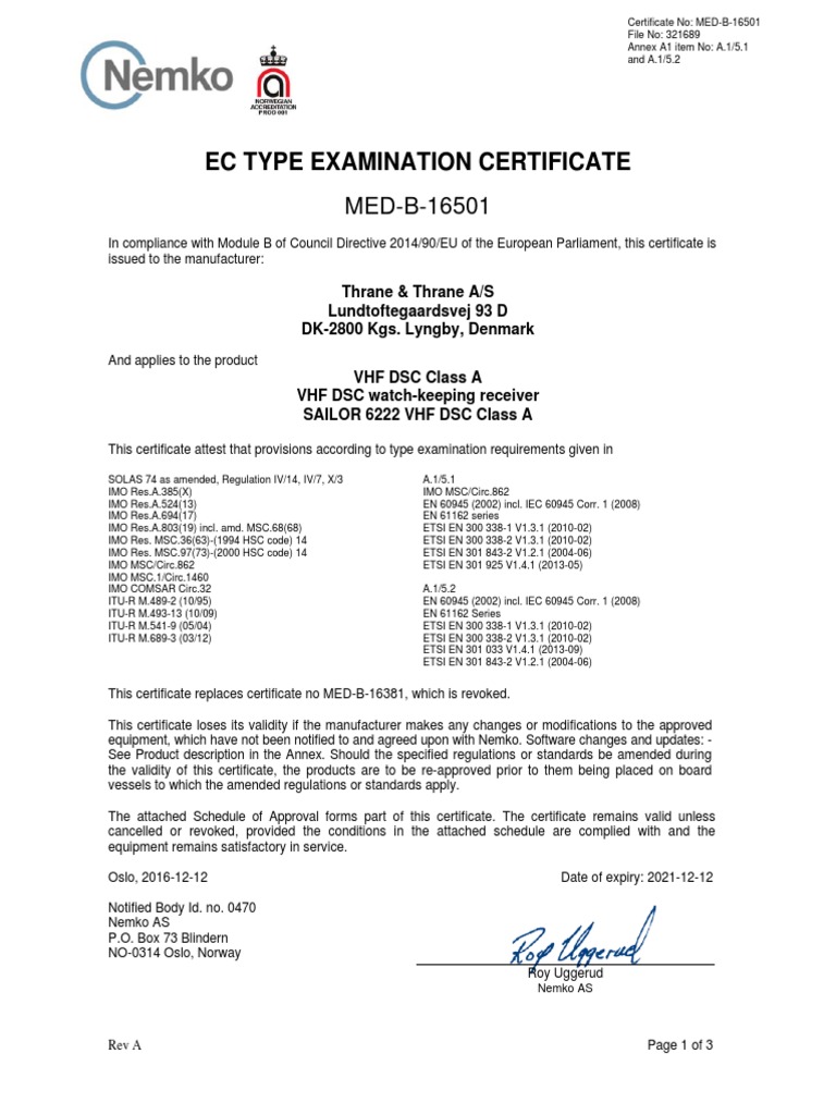 SAILOR 6222 VHF DSC Class A EC Type Examination Module B NEMKO PDF ...