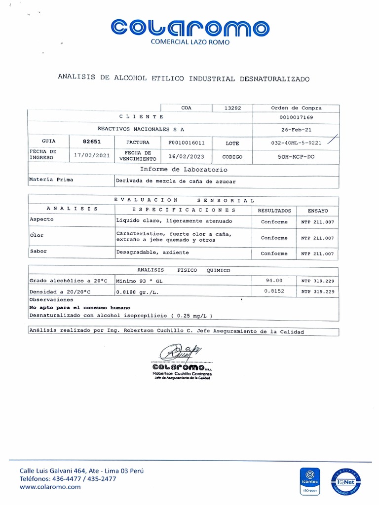 26.02.21 COA Alcohol Etílico Rectificado | PDF | Etanol | Química
