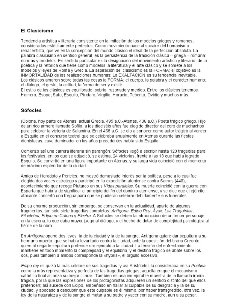 El Clasicismo | PDF | Tragedia griega | Sófocles