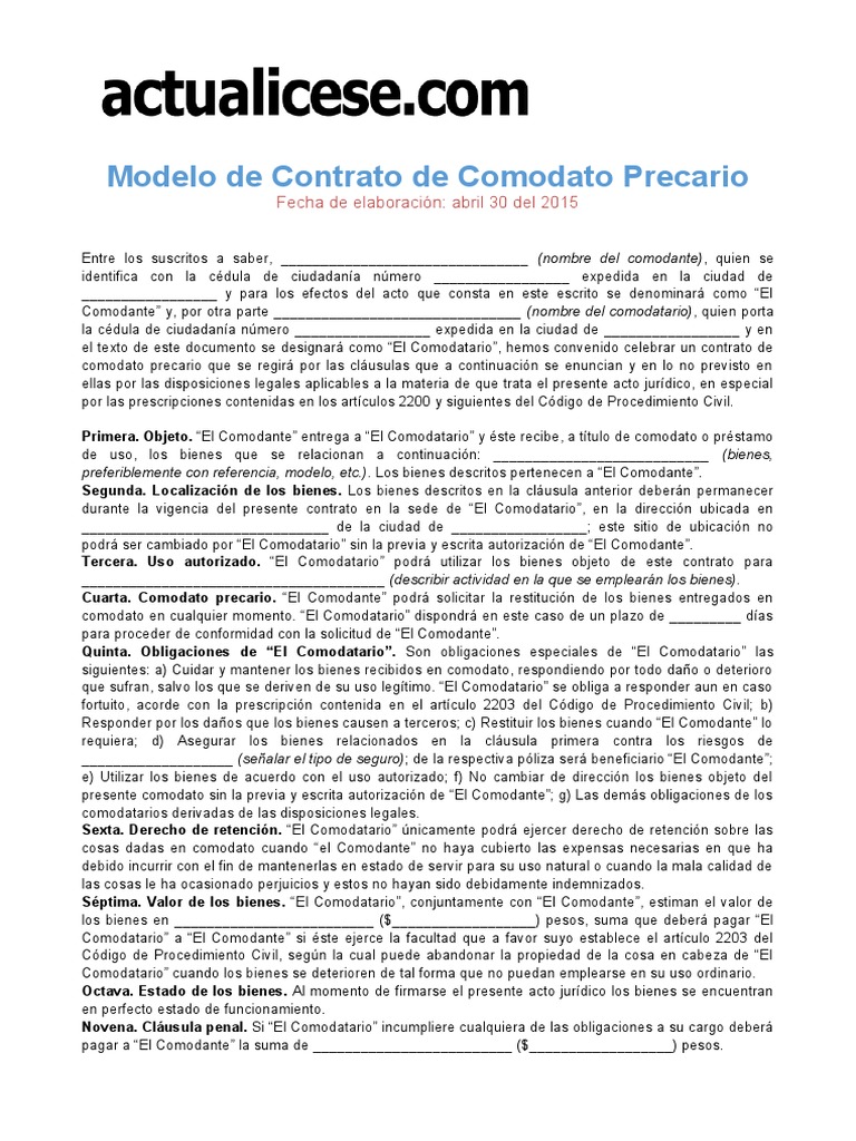 Modelo de Contrato de Comodato Precario | PDF | Arbitraje | Justicia