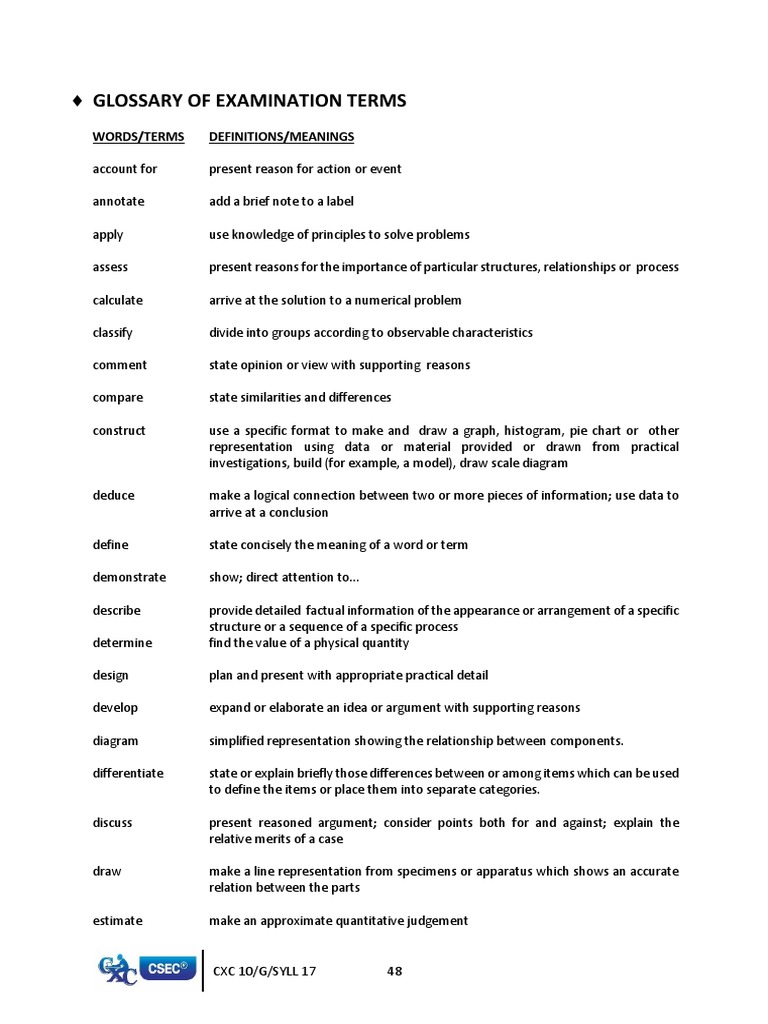 Glossary of CSEC Exam Terms | PDF | Observation | Reason