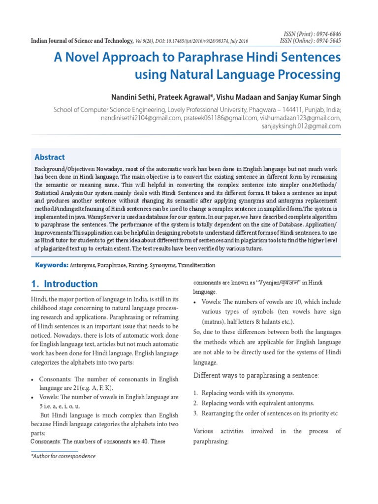 A Novel Approach To Paraphrase Hindi Sentences Using Natural Language Processing | PDF | Parsing ...
