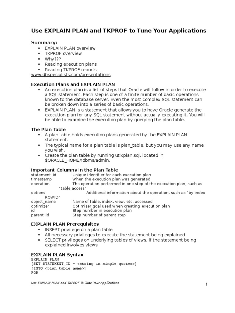 Use EXPLAIN PLAN and TKPROF To Tune Your Applications | PDF | Database ...