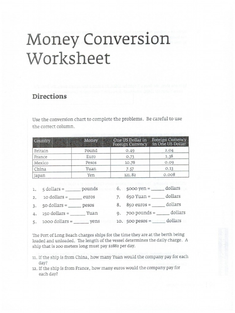 Currency Conversion Worksheets | PDF
