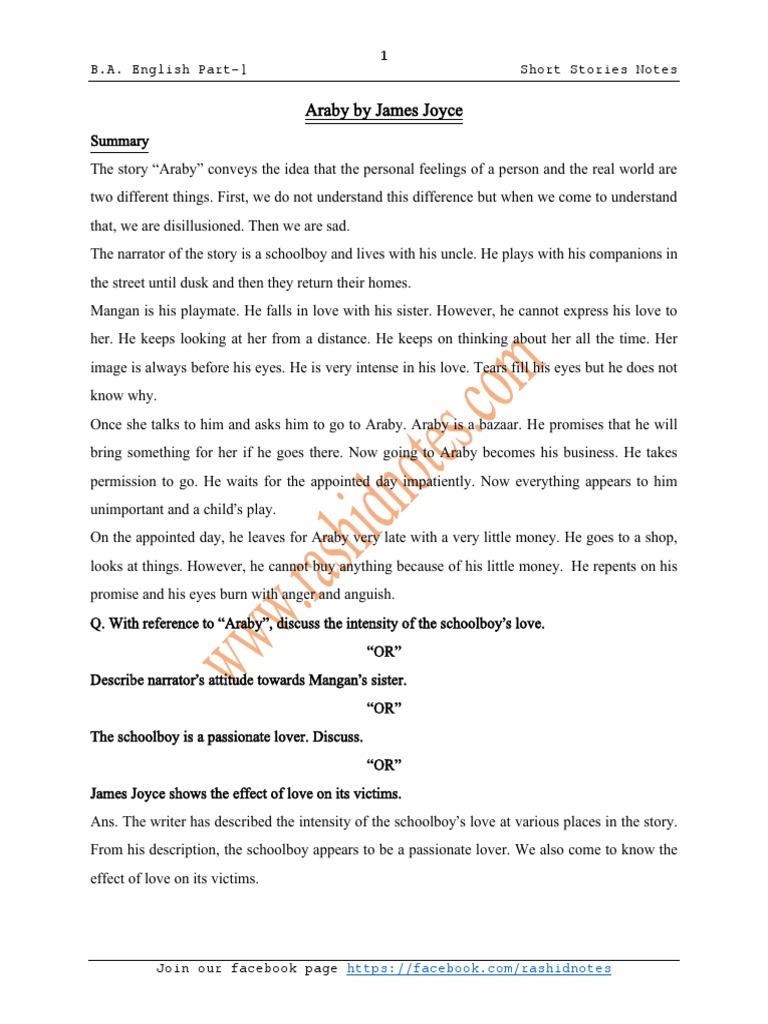 Araby by James Joyce: 1 B.A. English Part-1 Short Stories Notes | PDF ...