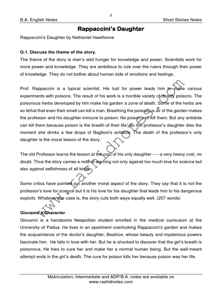 Rappaccini's Daughter: Q.1. Discuss The Theme of The Story | PDF ...