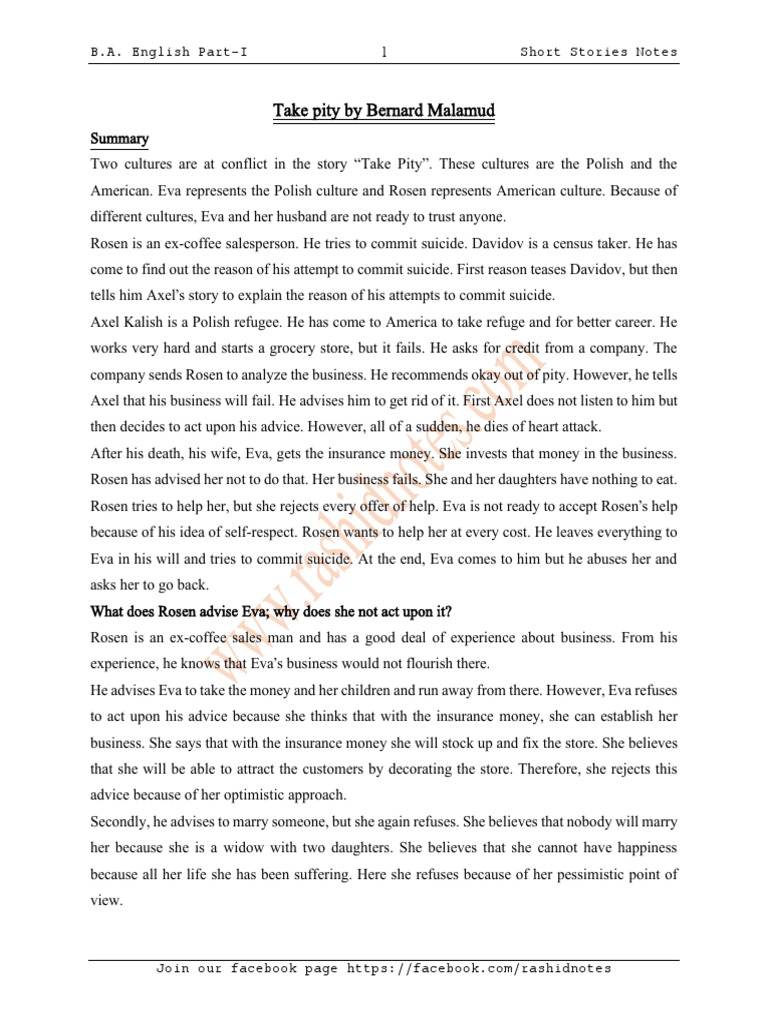 Take Pity by Bernard Malamud: B.A. English Part-I 1 Short Stories Notes ...