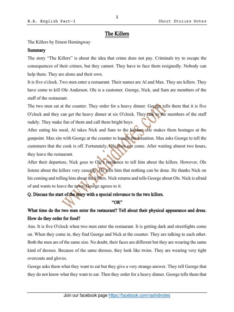 The Killers: 1 B.A. English Part-I Short Stories Notes | PDF