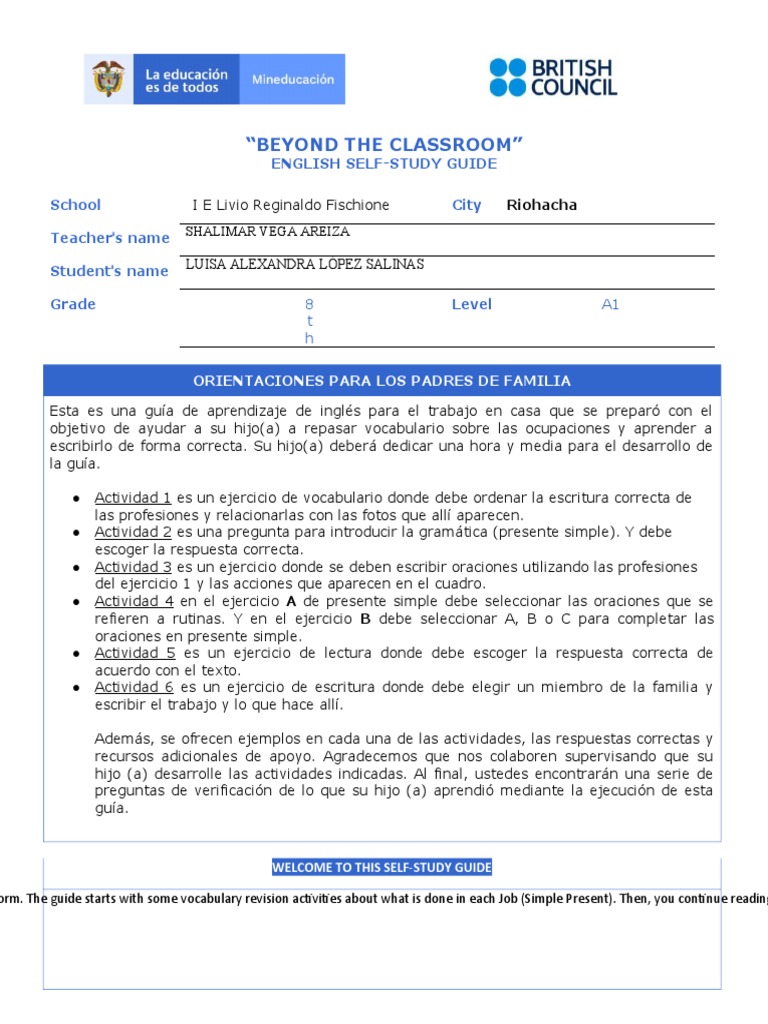 Luisa Alexandra Lopez Salinas - 8º Self-Study Guide 1 | PDF | Idiomas ...