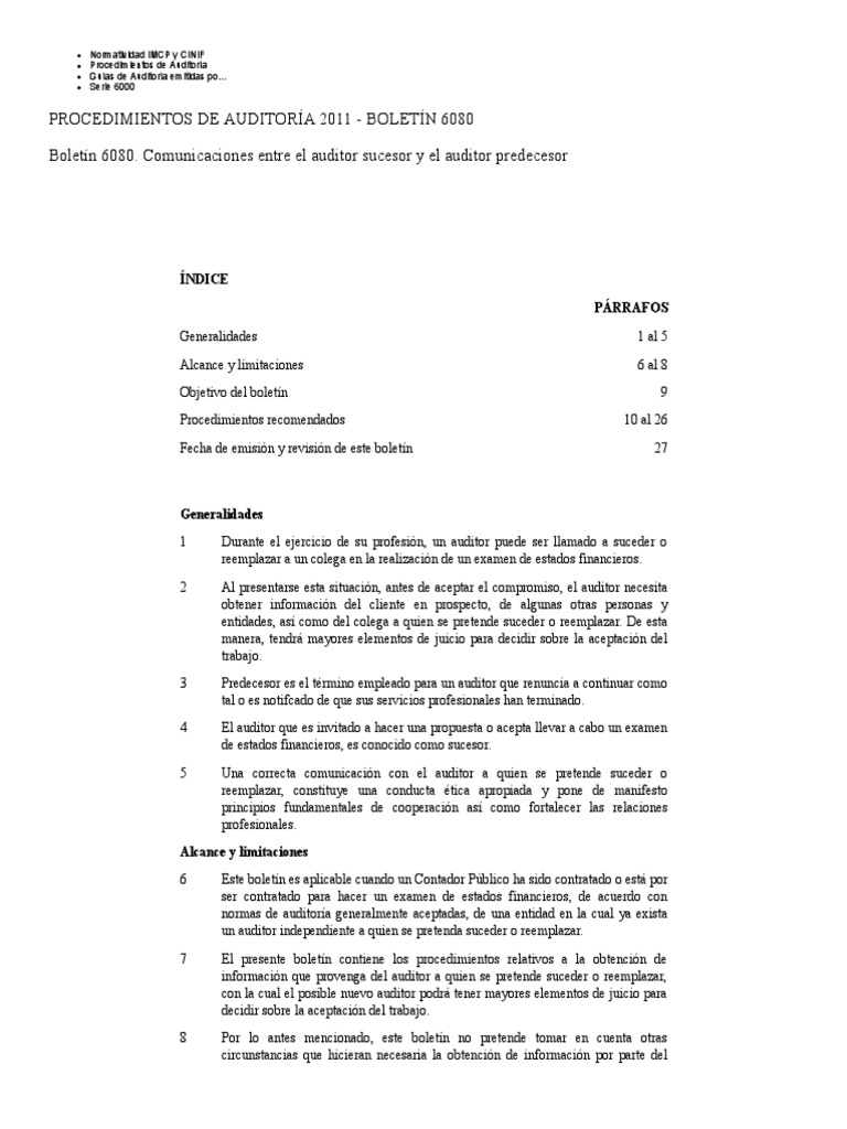 Boletín 6080 Comunicaciones Entre El Auditor Sucesor y El Auditor ...