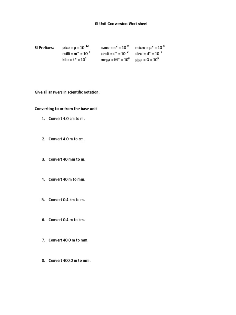 SI Unit Conversion Worksheet | PDF