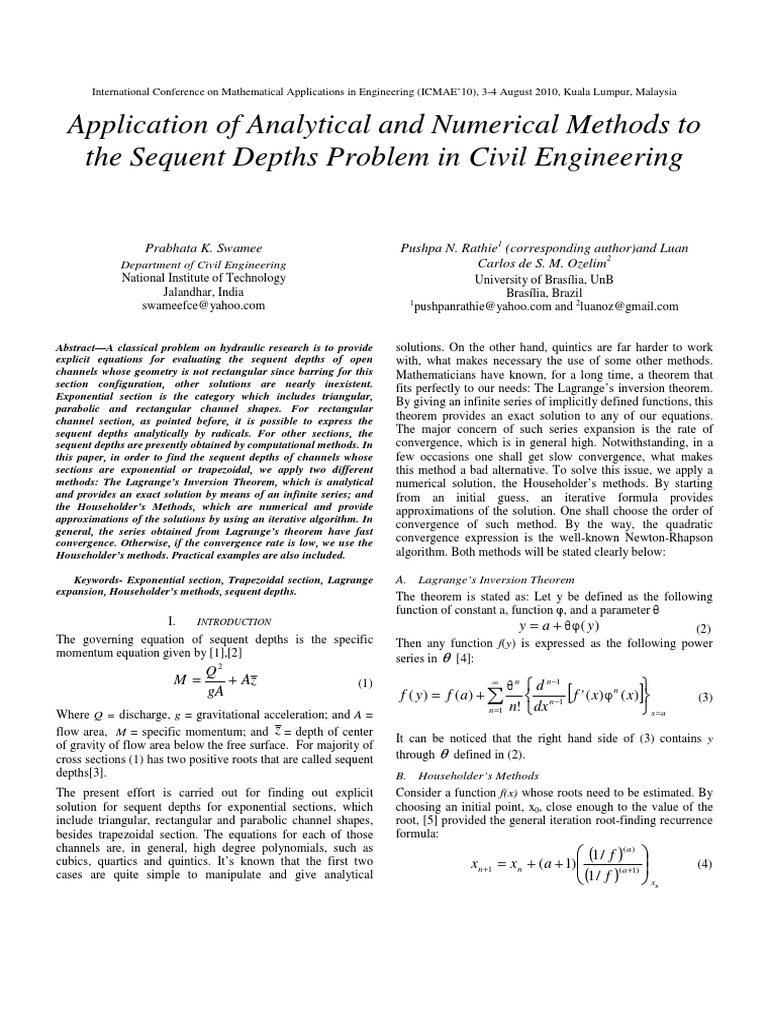 Application of Analytical and Numerical Methods To The Sequent Depths ...