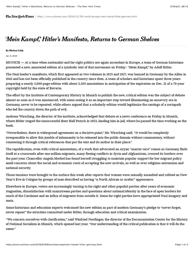 Mein Kampf,' Hitler's Manifesto, Returns To German Shelves - The New ...