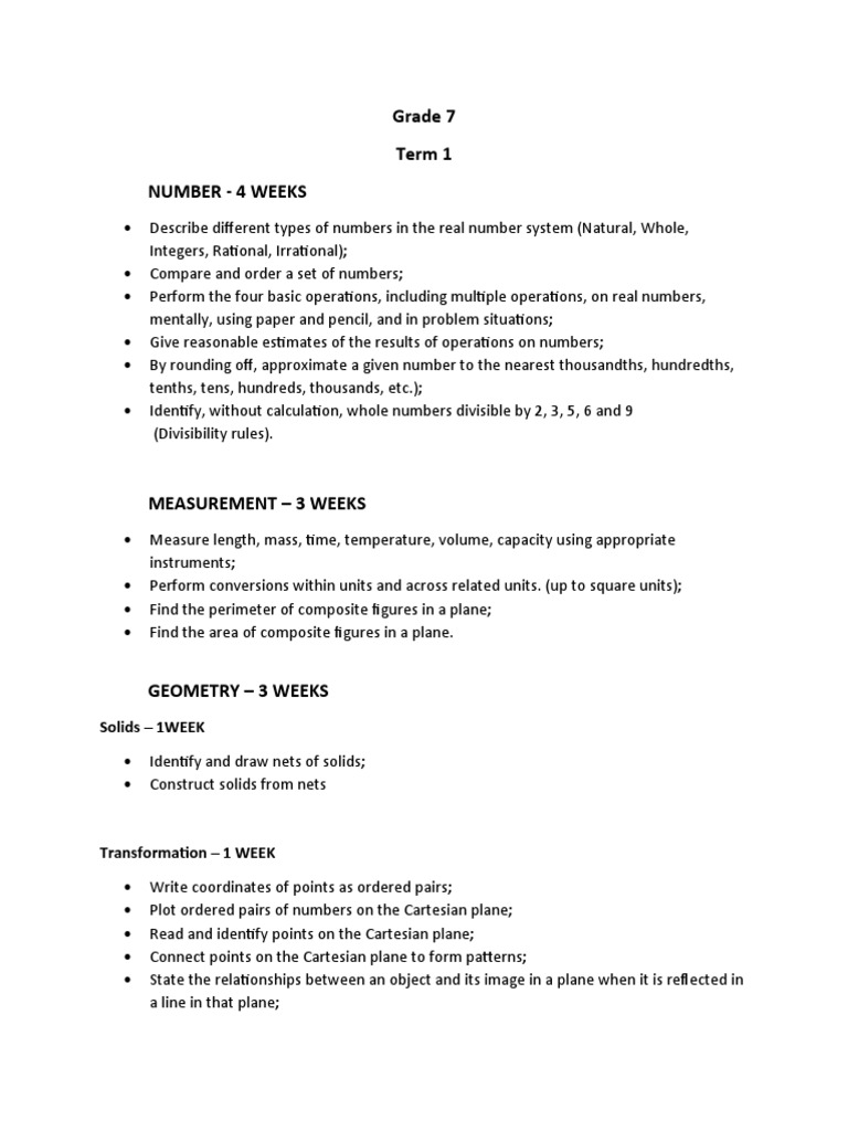 Grade 7 Term 1 Number - 4 Weeks | PDF | Area | Matrix (Mathematics)