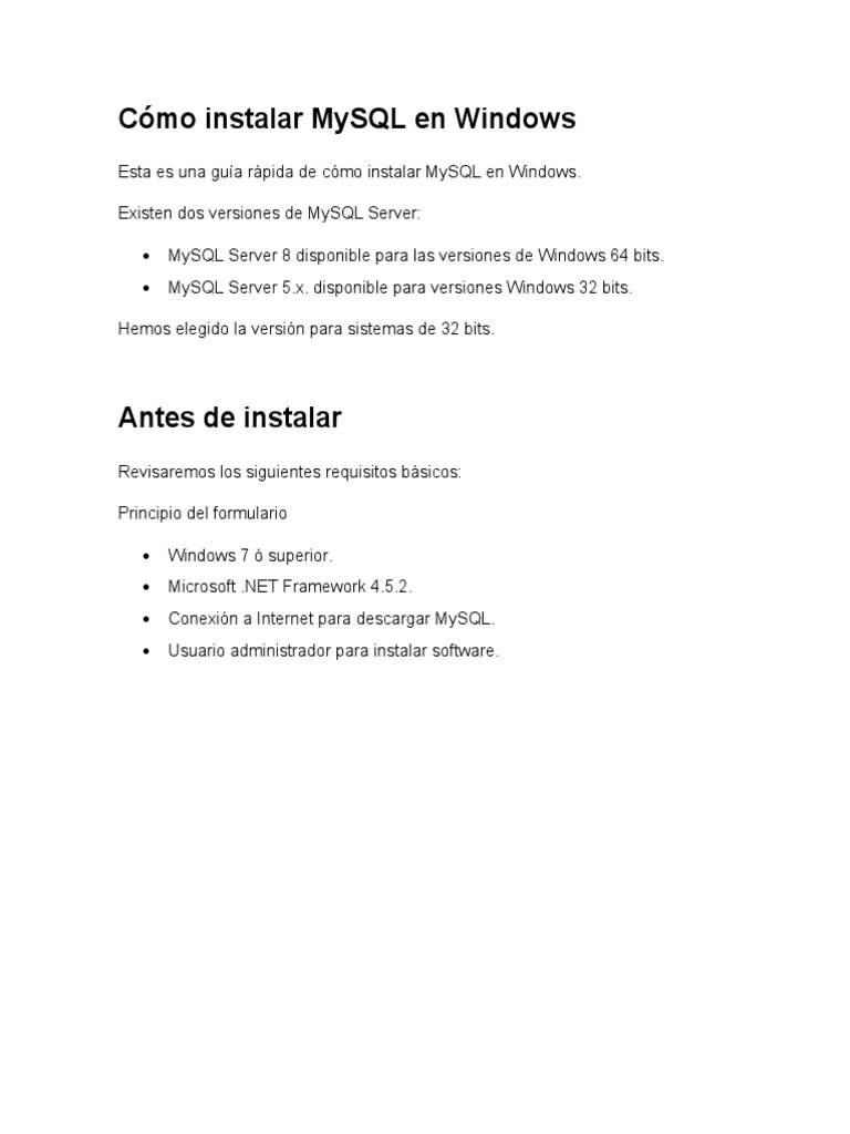 Guía Rápida: Instalar MySQL en Windows | PDF | Mi sql | Microsoft Windows