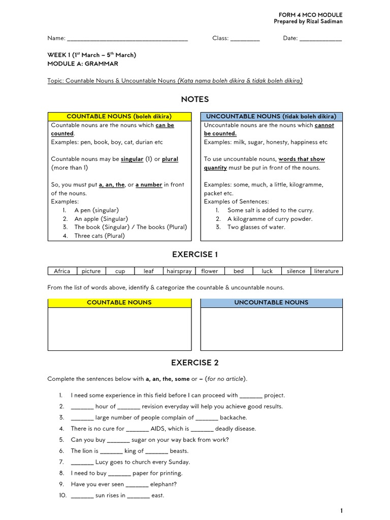 Notes: WEEK 1 (1 March - 5 March) Module A: Grammar | PDF | Noun ...