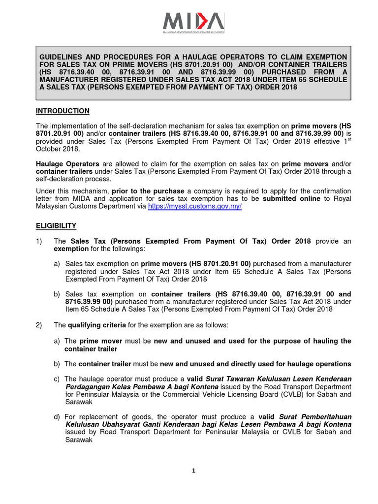 Guidelines - MIDA (Haulage) | PDF | Tax Exemption | Taxes