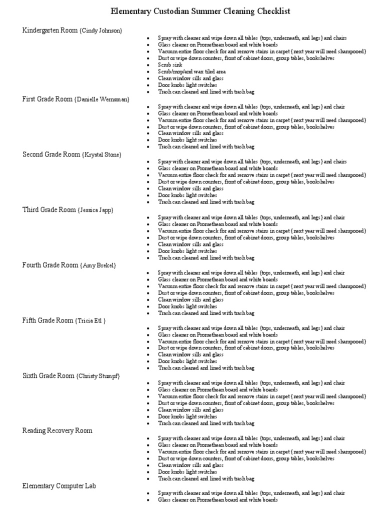 Custodian Summer List | PDF | Vacuum Cleaner | Bathroom