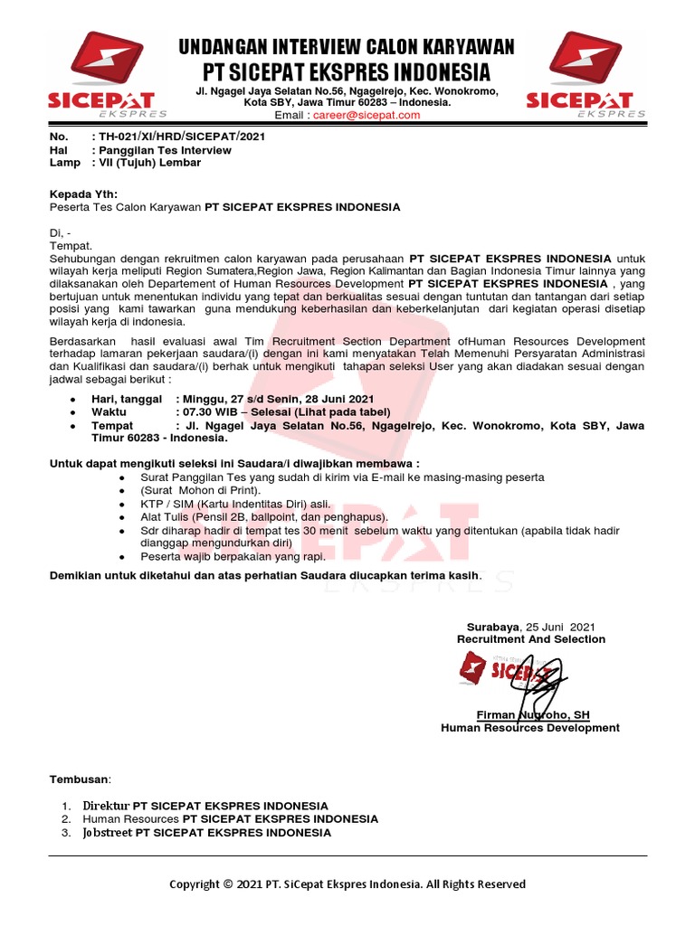 Undangan Interview PT SiCepat Ekspres Indonesia - Surabaya | PDF ...