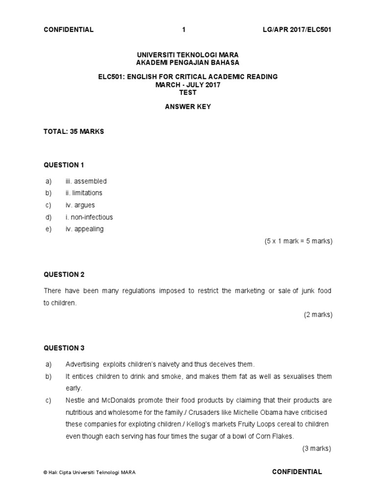 Elc 501 Test Paper Apr 17 Answer Key | PDF | Junk Food | Advertising