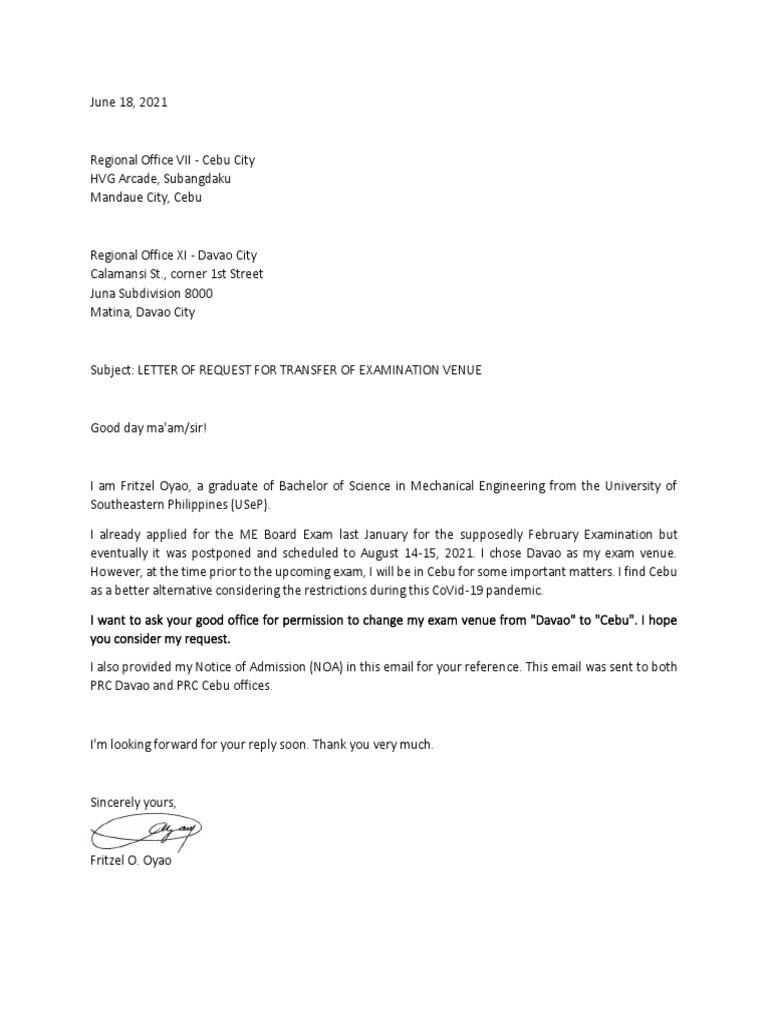 Letter of Request For Transfer of Examination Venue | PDF