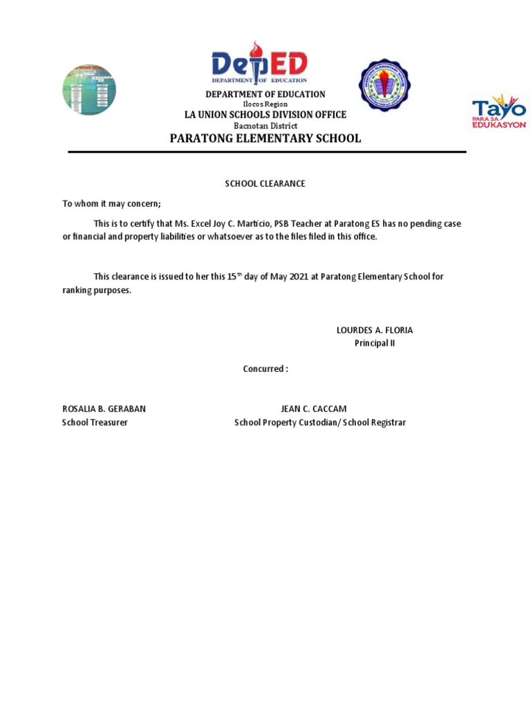 School Clearance Form Sample | PDF