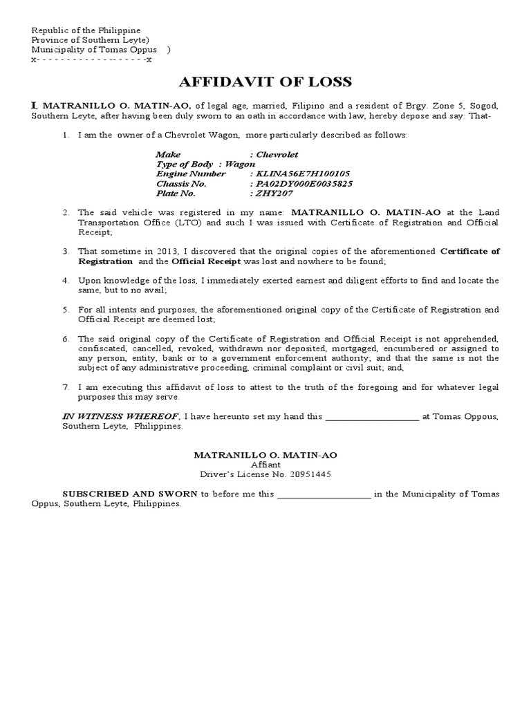Affidavit of Loss CR Only | PDF | Affidavit | Vehicles